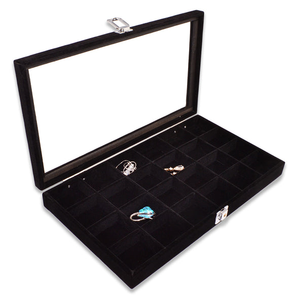 14 3/4" x 8 1/4" 24 Compartment Black Velvet Display Case w/ Glass Top ...